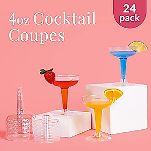 Prestee 24 Clear Plastic Coupe Glasses, 4oz - Champagne Glasses Plastic Disposable, Disposable Margarita Glasses Plastic, Martini, Mimosa, Cocktail Cups, Taco Party, Cinco de Mayo Party Decorations