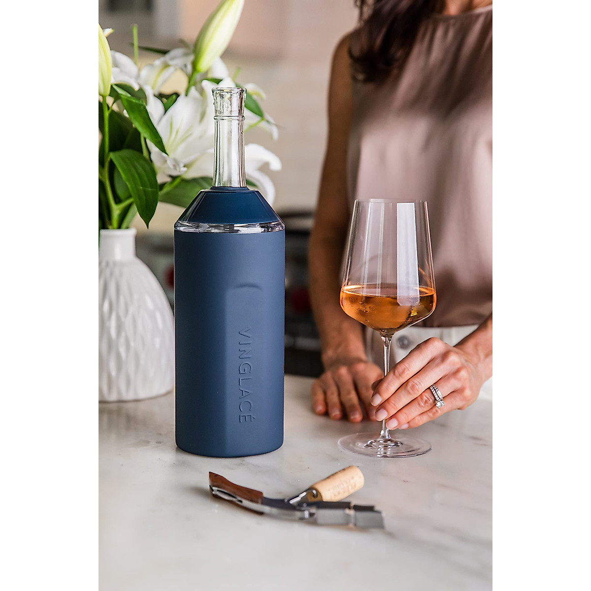 Vinglacé Wine Bottle Chiller Gift Set- Portable Stainless Steel Wine Cooler with 2 Stemless Wine Glasses, Navy
