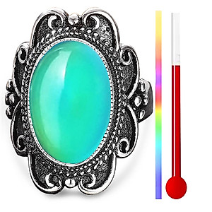 THJEW Oval Color Changing Crystal Stone Magical Mood Ring,Retro Vintage Antique S925 Sterling Silver Wide Full Finger Chunky Ring,Mystery Temperature-Control Changeable Gemstone Glass Mood Ring,Solitaire Boho Statement Witchy Ring Jewelry (Ring_A, 9)