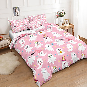 Halloween Bedding Set Queen Funny Pupmkin Duvet Cover Set Halloween Theme Pattern Design Trick or Treat Comforter Cover Grey Halloween Bedding Sets (Queen, Gray)