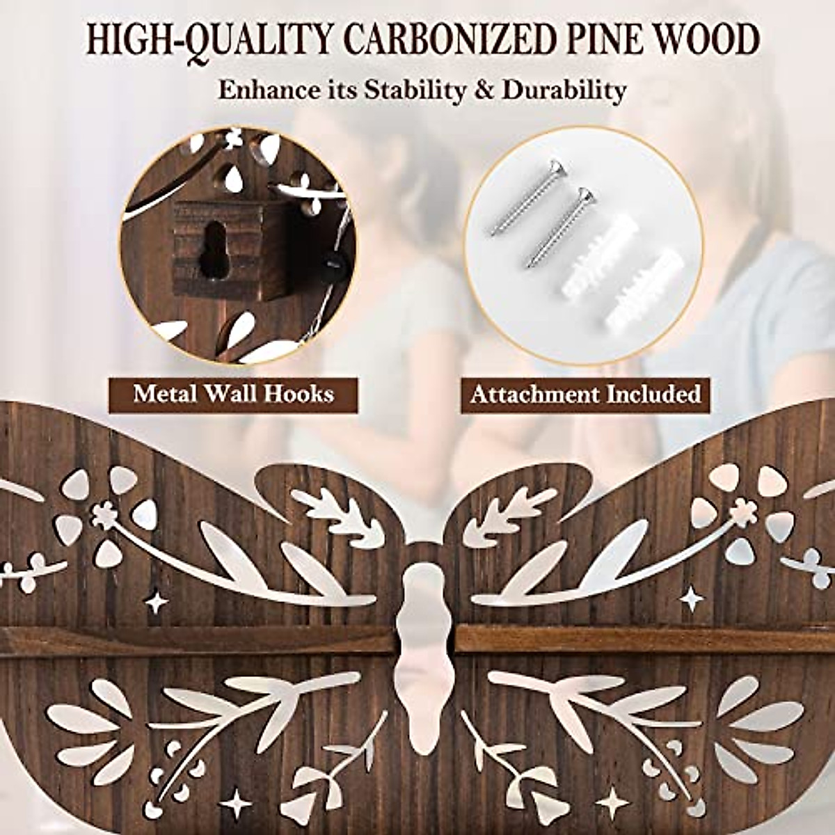 Luna Moth Crystal Shelf Display, Boho Pine Wood Wall Floating Shelves with Light for Gem Stone Essential Oil Storage, Bohemian Wooden Butterfly Hanging Witch Home Rustic Decor Holder for Bedroom Altar