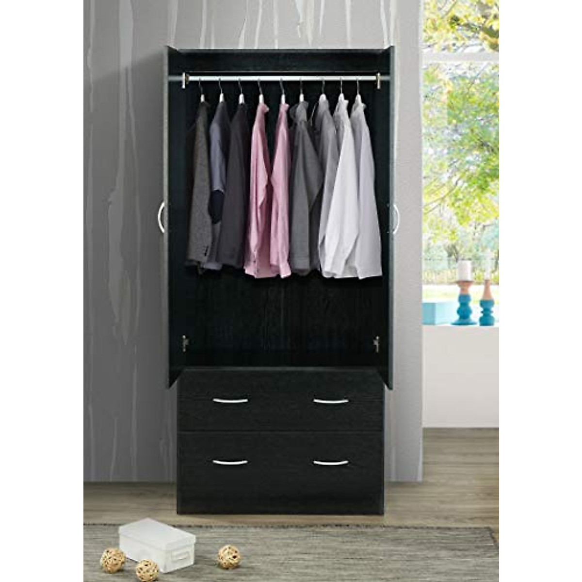 Hodedah Two Door Wardrobe with Two Drawers and Hanging Rod plus Mirror, Black