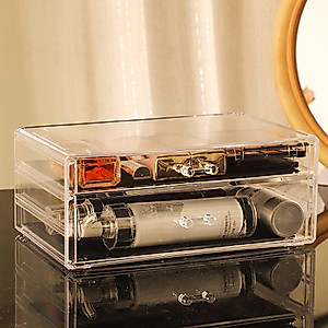 Cq acrylic 2 Pack Clear Make Up Organizers for Vanity,Stackable 5 Drawers Make Up Organizer,Cute Desk Organizer for Vanity Jewelry,Hair Clip,Beauty,Skincare Product Dresser Acrylic Drawer Organizer