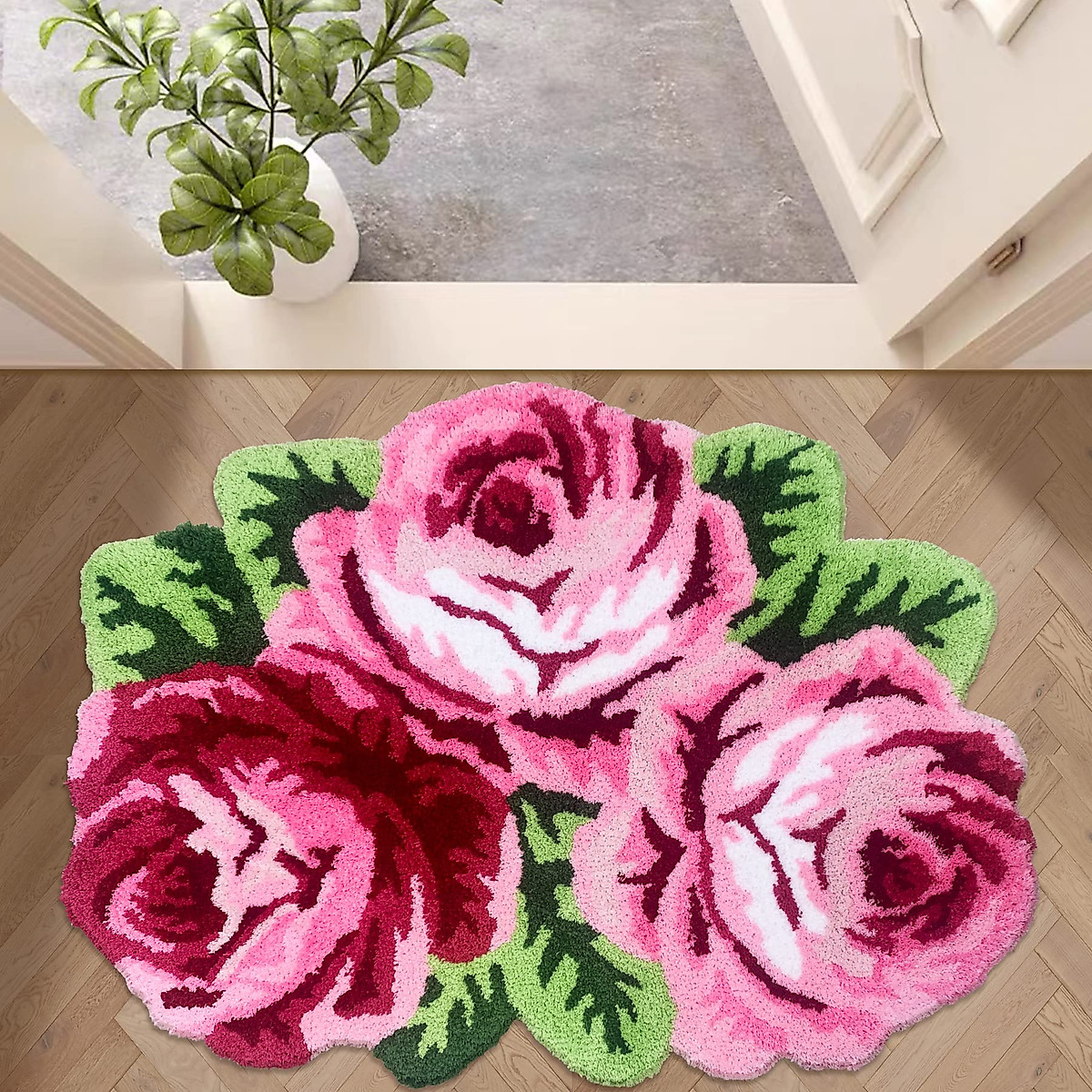 ABREEZE 3 Rose Shaped Rug Pink Roses Rug Shaggy Bath Mat Anti-Slip Mat Personalized Custom Carpets Doormat Bathroom Rug Super Water Absorbent, Machine Washable