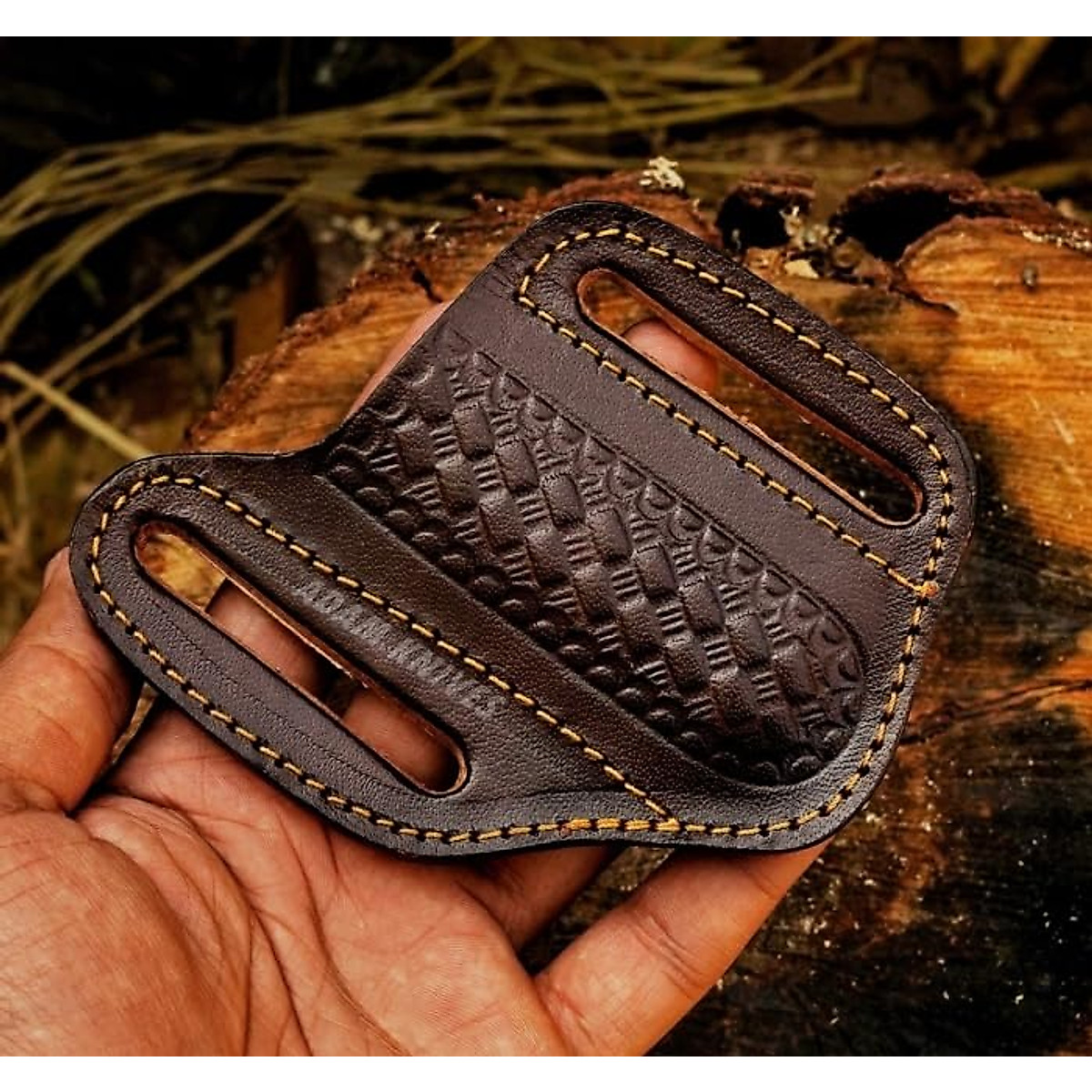 ADAM KNIVES Leather Pocket Knife Sheath For Belt, Slanted Sheath, Tooled Leather Sheath, Beautiful Folding/Trapper Knife Leather Cover 100% Real Leather (Dark Brown)