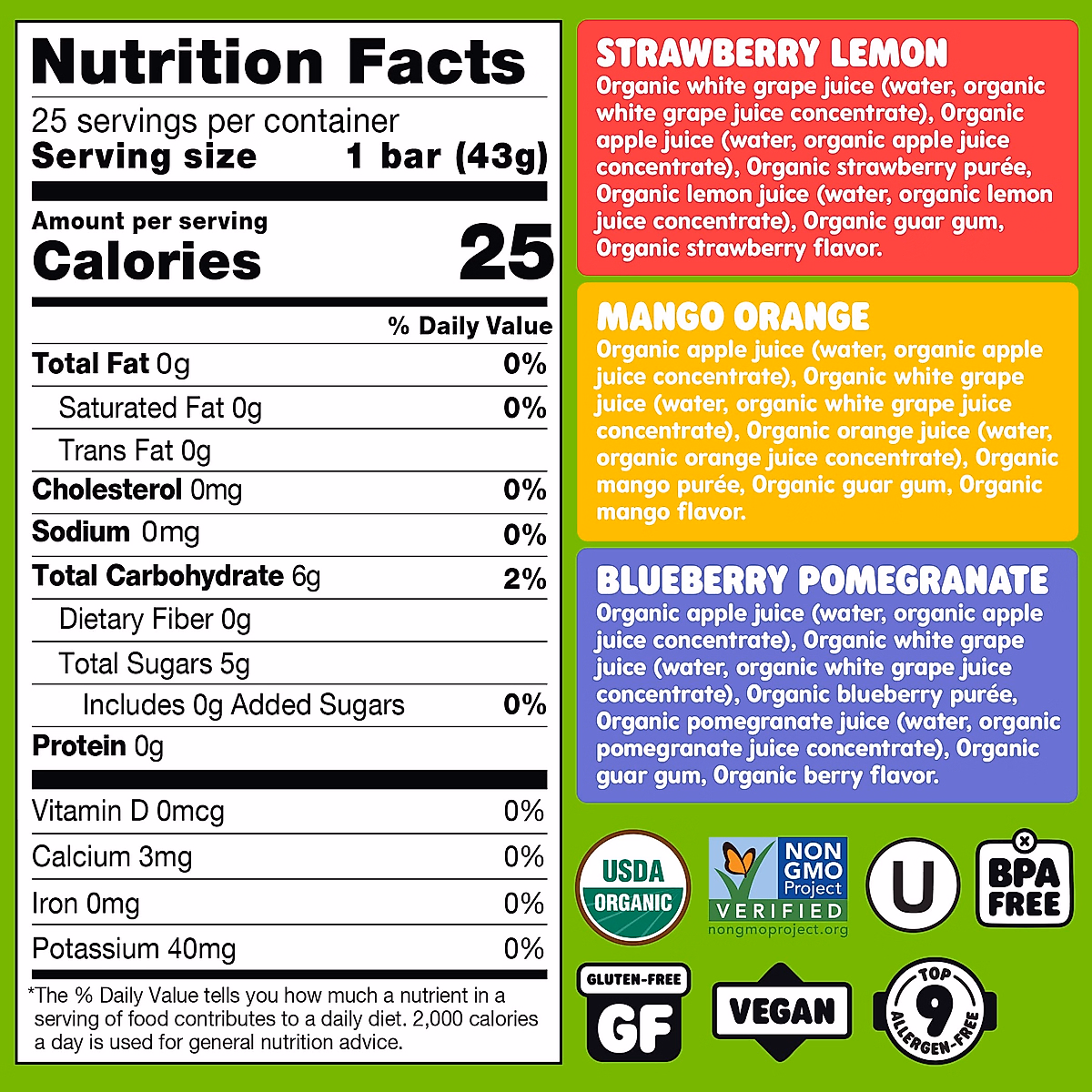 DeeBee's Organics Classic SuperFruit Freezie Pops, No Added Sugars, No Artificial Flavors or Colors Freezer Pops (Pack of 25)