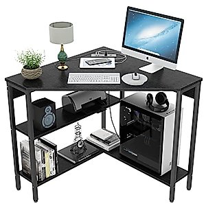 Auromie Corner Desk with Outlets & USB Ports, 90 Degree Triangle Corner Table with CPU Stand & Storage Shelves for Small Space, Computer Table with Charging Station for Home Office Bedroom (Black)