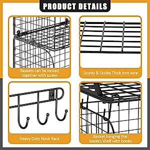 ThreeHio 2 Pack Garage Shelves Wall Mounted with Wire baskets, Heavy Duty Garage Wall Shelving with Hooks, Wire Shelf Baskets Tool Organizer for Home Garden Garage Organization and Storage