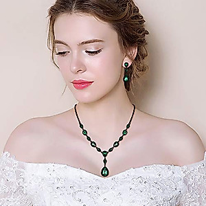 EleQueen Women's Cubic Zirconia Teardrop Y-Necklaces Dangle Earrings Sets for Brides Bridesmaids Green Black-Tone