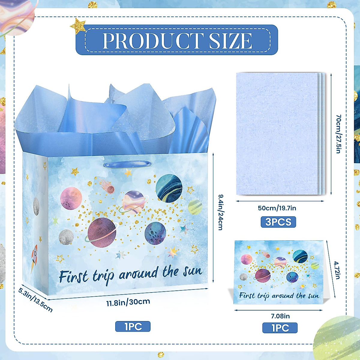 Baby Boy Gift Bags First Trip Around The Sun Decoration Galaxy Space 1st Birthday Wrapping Paper Bag Planet One Year Old Greeting Card Tissue Papers for Boys Baby Shower Party Favors Decor Supplies