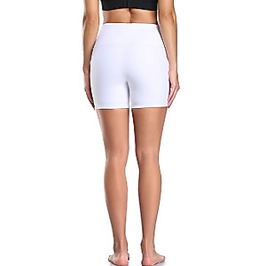 Oalka Women's Short Yoga Side Pockets High Waist Workout Running Shorts 4" Pure White Size S