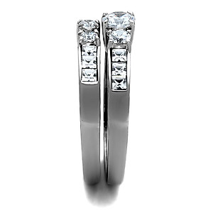 Lanyjewelry Three-Stone Type Brilliant CZ Stainless Steel Wedding Ring Set- Size 6