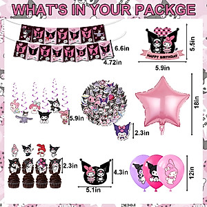 118 Pcs Kuromi Birthday Decorations Kuromi Party Decorations,Kuromi Party Supplies Including Birthday Banner ,Hanging Swirl,Cake Topper , Cupcake Topper,Invitation Card, Stickers for Girls