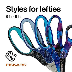 Fiskars 7" SoftGrip Left-Handed Student Glitter Scissors for Kids 12+ - Left-Handed Scissors for School or Crafting - Back to School Supplies - Blue