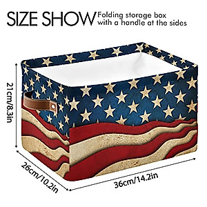 America Usa Flag Storage Basket Large Collapsible Storage Cube Bin Rectangular Laundry Organizer with Leather Handles for Nursery Shelf Bedroom Home, 1Pc