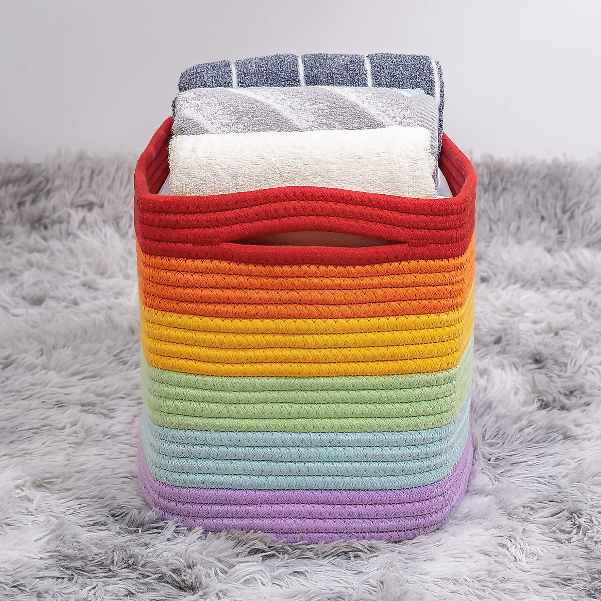 Kriitools 3-Pack Rainbow Storage Basket Bins for Shelves,Woven Storage Baskets for Towel, Durable Cube Storage Bins Skin-friendly Cotton Rope Baskets for Storage