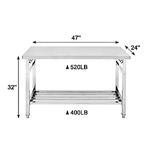 Fashionwu Stainless Steel Table, 24 x 47 Inches Folding Heavy Duty Table for Kitchen, Commercial Stainless Steel Prep Table with Adjustable Undershelf, for Restaurant, Home and Hotel