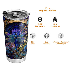 20oz Blue Stained Glass Mosaic Crystal Dragonfly Tumbler, Gifts for Dragonfly Lovers, Coffee Thermos for Women, Stainless Steel Double Wall Vacuum Insulated Coffee Mug, Travel Cup with Lid - D