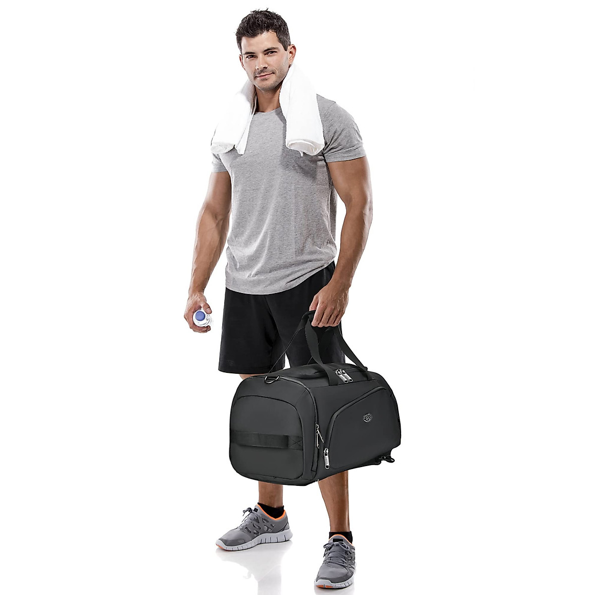 LOKASS Gym Bag for Men/Women-Duffle Sports Bag with Shoe Compartment, Carry On Weekender/Overnight Bag, Waterproof Gym Backpack Travel Bag for Camping (Black，Large)