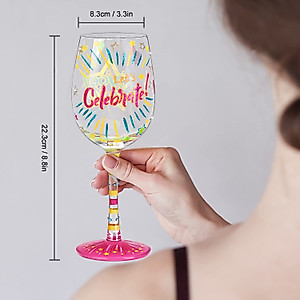 NymphFable Hand Painted Birthday Wine Glass Let‘s Celebrate Birthday Party Decorative Wine Glasses Birthday Gift for Women, 15oz