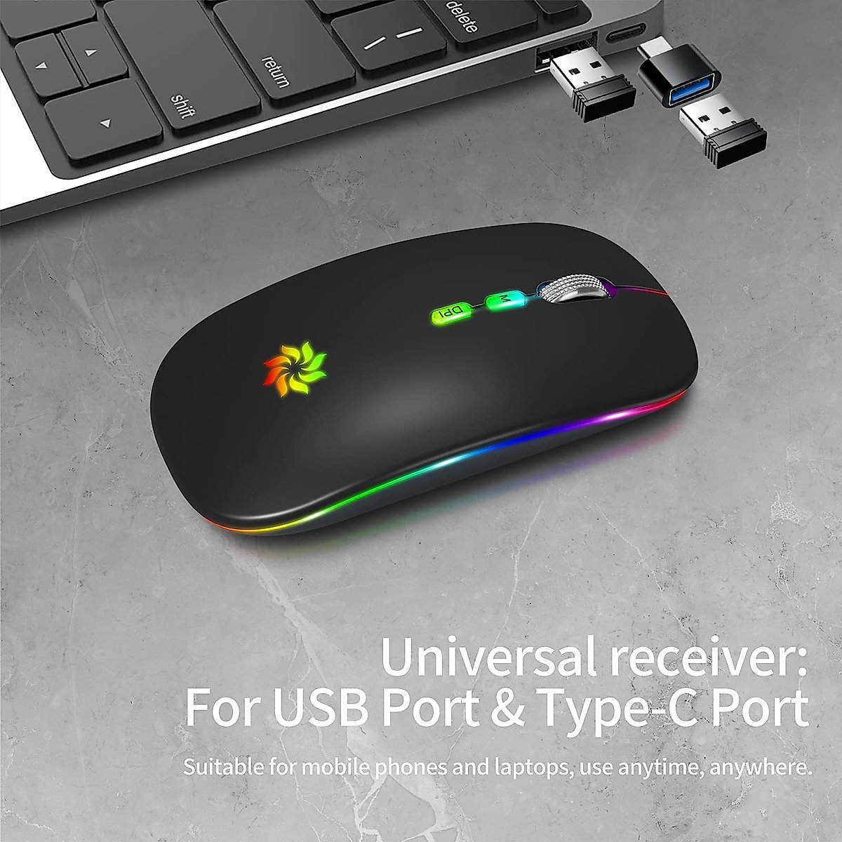 KBCASE LED Wireless Mouse Slim Silent Mouse 2.4G Rechargeable Wireless Computer Mouse Wireless Mouse for Laptop, MacBook, iPad, Chromebook, with USB & Type-c Receiver