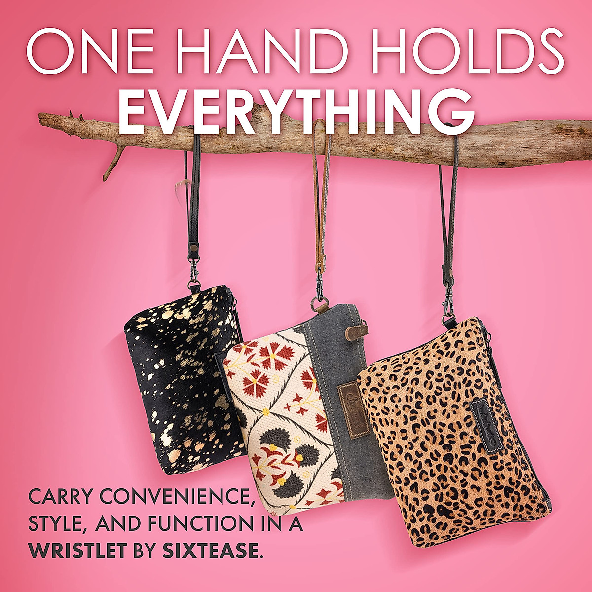 SIXTEASE Women's Fashion Wristlet Small Clutch With Wrist Strap - Vintage Style Zipper Made with Genuine Leather, Upcycled Canvas, Rug, or Hair On - Unique Designs, Hand Stitched - Mink