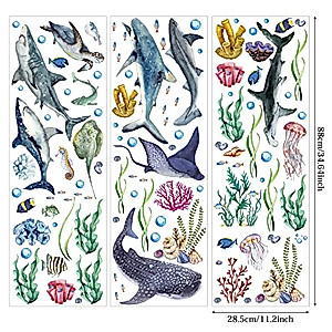 3 Pieces Large Watercolor Sharks Wall Decals Ocean Animal Peel and Stick Wall Sticker Under The Sea Marine Life Theme Decals Nursery Room Home Decor Boy Girl Kid Party Supply, 11.2 x 34.6 Inches