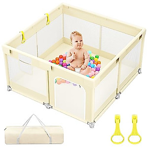 ZESHWER Baby Playpen with Gate, Play Pens for Babies and Toddlers, Play Yard for Baby, 50"x50" Baby Fence, Activity Center for Baby, Sturdy Safety Playpen with Anti-Slip Base, Beige