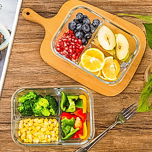 HAKEEMI 5-Pack,3 Compartment Glass Meal Prep Containers Set,34oz, Divided Food Storage Containers with Lids, Glass Lunch Box with 3 Dividers