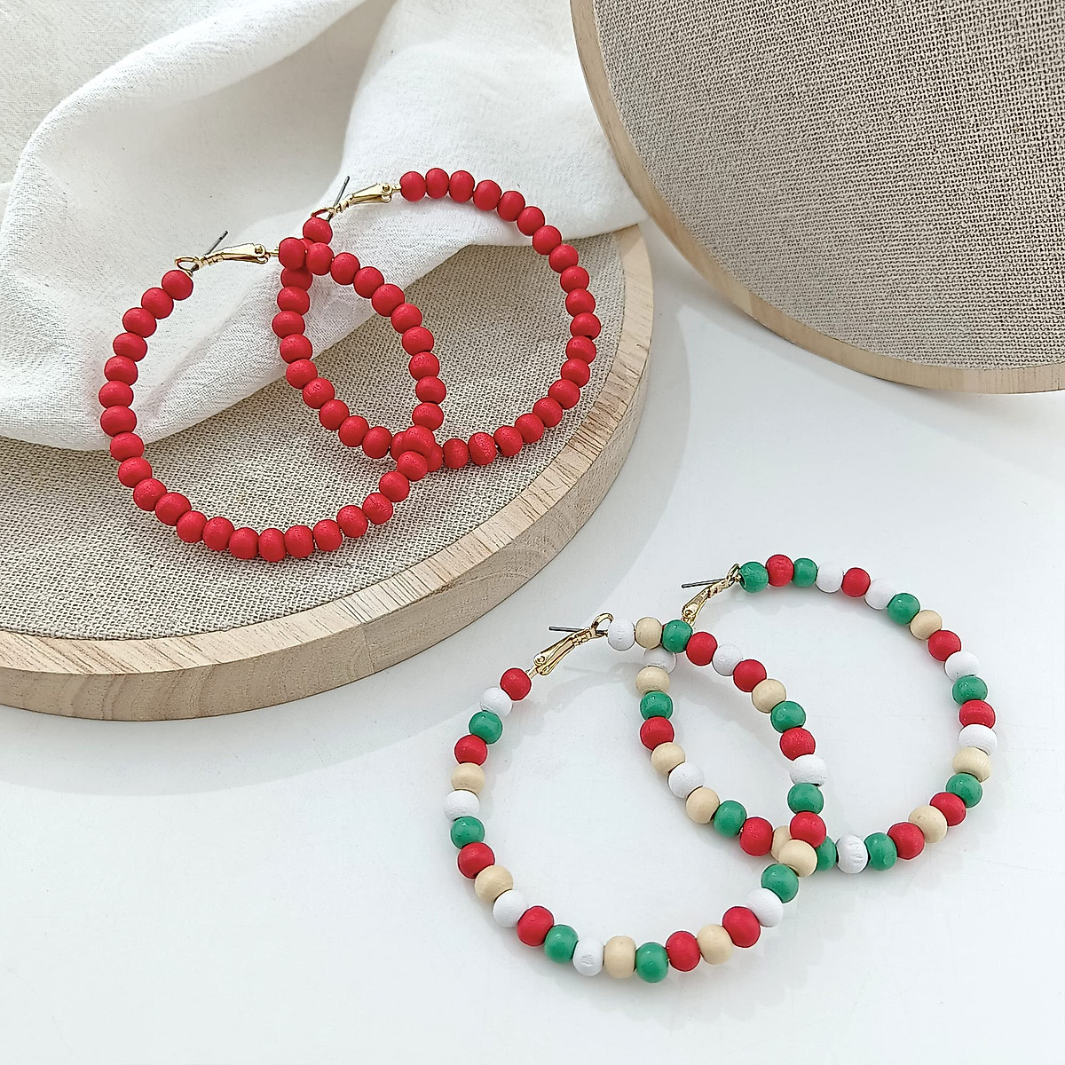 COIRIS Wooden Beaded Hoop Big Earrings Bohemian Circle Round Bead Earrings Circle Drop Dangle Earrings Jewelry For Women (ER1185-Red+Christmas)