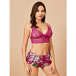 WDIRARA Women's Pajamas Set Lace Satin Sexy Lingerie with Cami Floral Shorts Sleepwear Floral Hot Pink S