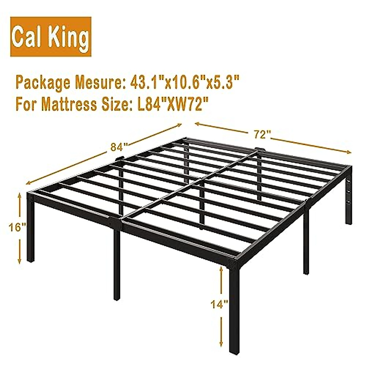 LIJQCI California King Size Bed Frame 16" High Heavy Duty Steel Slat Metal Platform Noise Free Anti-Slip Support 16 Inch Under-Bed Maximum Storage Mattress Foundation