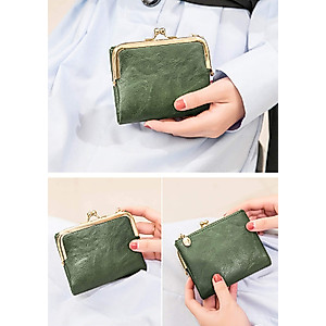 PofeeXIO Womens Wallet RFID Small Compact Bifold Leather Vintage Wallet,Ladies Coin Purse with Zipper and Kiss Lock (Green)