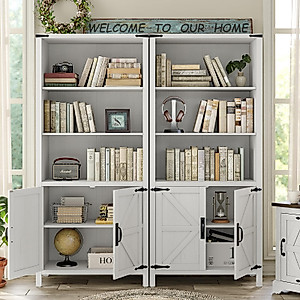 Furnihold Farmhouse Bookcase and Bookshelf with Doors, 5-Shelf Bookcase Adjustable Bookshelf, Wood Bookcase Tall Storage Cabinet for Bedroom, Office Room, Living Room, Off White