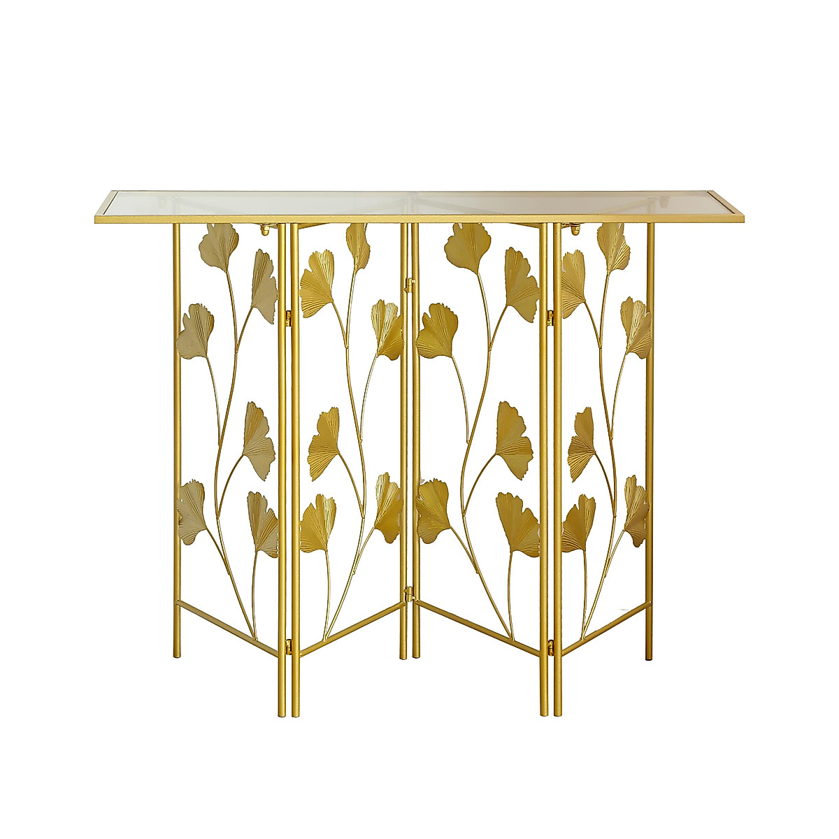 40 Inch Gold Console Table, Sofa Table, Modern Entryway Table, Tempered Glass Shelf with Ginkgo Leaves Decorative for Entryway Living Room Bedroom