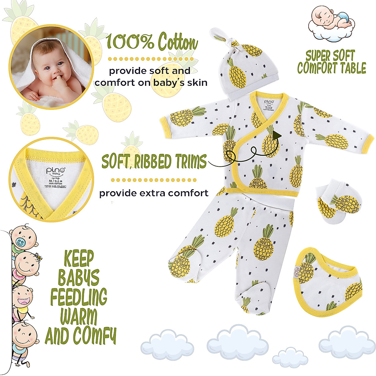 0-3M Unisex Baby Layette Set Neutral Baby Clothes Baby Gift Sets for Girl and Boy 5-Piece Pineapple Pattern 0 Cotton By Yellow 0-3 months B-01 Yellow