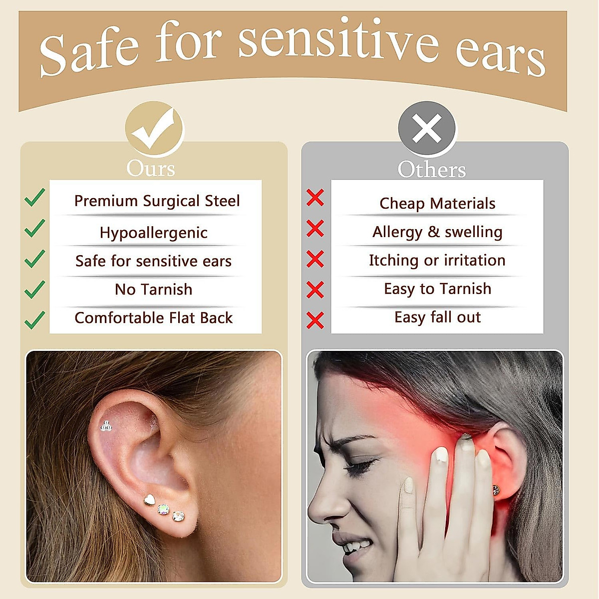 Jstyle Hypoallergenic Flat Back Stud Earrings for Women Surgical Stainless Steel Earrings Sets for Sentive Ears Cartilage Earring Small Flatback Studs Earrings Screw Back Earrings Piercing