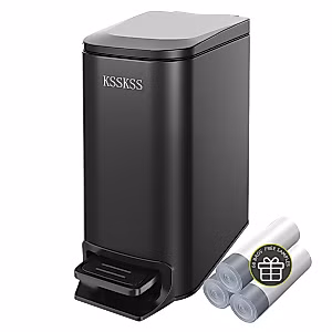 KSSKSS Small Bathroom Trash Can with Soft Close Lid, 6L / 1.6 Gallon Stainless Steel Garbage Can with Removable Inner Bucket, Step Pedal, Slim Wastebasket for Bedroom, Home Office (Matt Black)