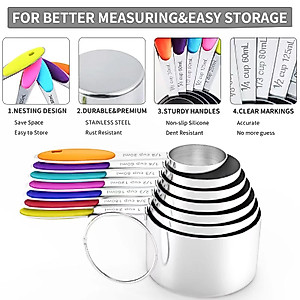 TILUCK measuring cups and magnetic measuring spoons set, stainless steel measuring cups, 6 double-sided stainless steel measuring spoons & 1 leveler (7+7)