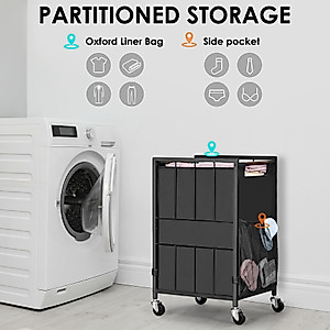 Laundry Hamper with Wheels & Adjustable Feet; 90L Laundry Basket with Removable Liner Bag & Side Mesh Pocket; Clothes Basket for Bathroom, Bedroom; Laundry Sorter with Wood Handle (Black)