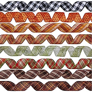 Winlyn 8 Rolls 48 Yards Assorted Fall Plaid Wired Ribbons Buffalo Check Ribbon Glittered Random Fiber Mesh Wired Ribbon Bows Craft Trim Ribbons 2.5" Wide for Holiday Fall Wedding Gift Wrapping Wreath