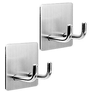 Adhesive Hooks Razor Holder Heavy Duty Wall Hooks Stainless Steel Waterproof Hangers For Kitchen Bedroom Bathroom,Stick on Hooks Antiskid Hooks Double Hanging Towel Robe Coat Key Brushed Nickel 2-Pack