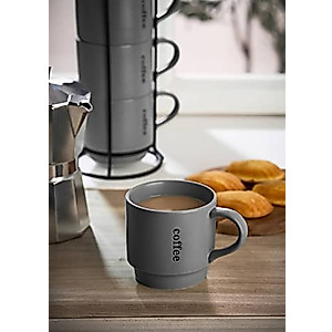 LAUCHUH Stackable Coffee Mug Set with Rack - 15 Ounce Porcelain Coffee Mugs for Coffee, Tea, Cocoa, Milk, Set of 4, Grey