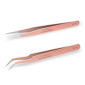 LANKIZ Eyelash Extension Tweezers Stainless Steel Straight and Curved Volume Lash Tweezers Set for Eyelash Extension Professional-Rose Gold