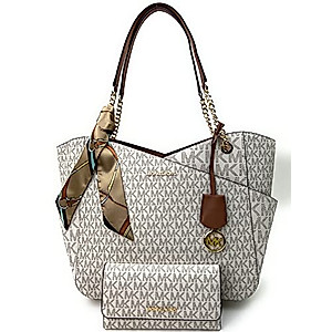 MICHAEL Michael Kors Jet Set Travel Large Chain Shoulder Tote bundled with Michael Kors Jet Set Travel Trifold Wallet (Signature MK Vanilla)