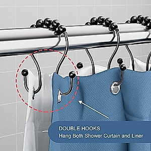 BBLHOME Shower Curtain Hooks, Shower Curtain Rings Rust Proof Metal Smooth Glide Double Shower Curtain Hooks for Bathroom Shower Curtains Rod, Kitchen Utensils,Towels, Set of 12,Black