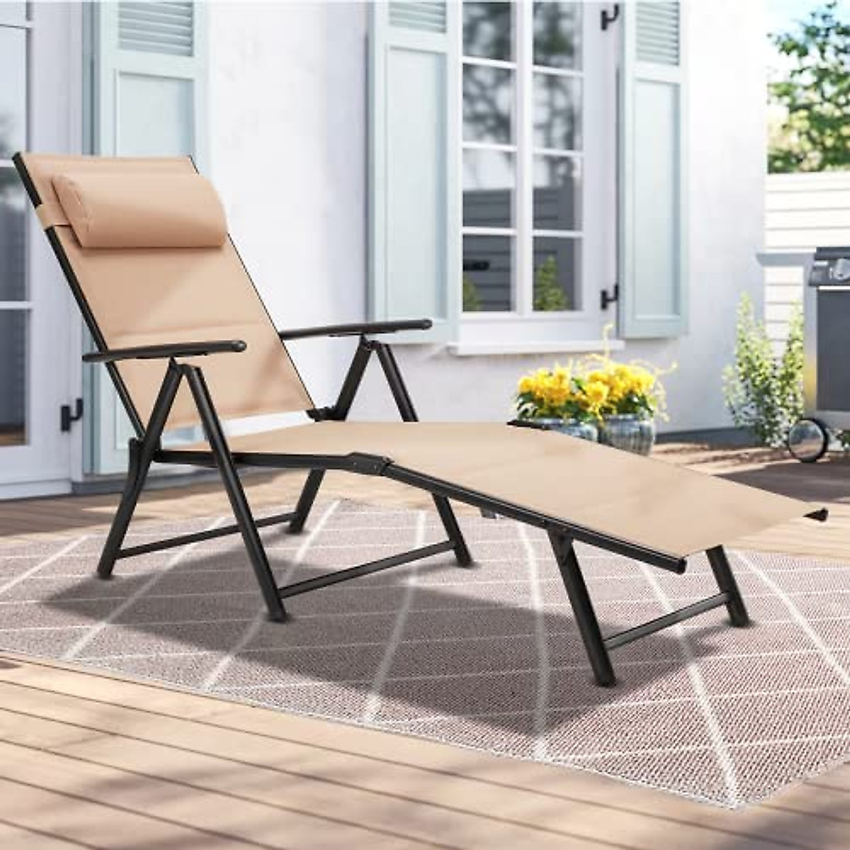 BNEHS Outdoor Lounge Chairs Set of 2, Folding Patio Lounge Chair, Tanning Chairs for Outside with Adjustable Back & Footrest, Suitable for Backyard, Poolside, Beach, Garden (Beige)