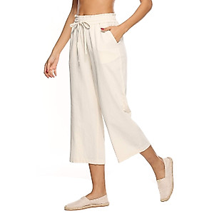 LNX Women's Linen Pants High Waist Wide Leg Drawstring Casual Loose Trouser Beige