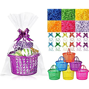 54 Pieces Easter Clear Basket Bag Set, 12 Easter Eggs Baskets Easter Plastic Round Baskets, 18 Assorted Colors Pull Bows, 18 Clear Cellophane Bags, 6 Bags of Raffia Paper Shreds for Easter Party
