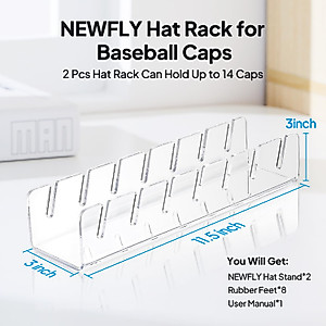 NEWFLY Hat Stand for Baseball Caps, 2 PCS Acrylic Hat Organizer for 14 Caps, No Install Baseball Hat Rack Hat Storage Holder, Hat Oragnizer Shelf Display for Closet Bedroom Dresser(Clear)